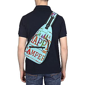 Stylish Chest Sling Bag Camping Mountain Happy Camper Sky Blue,Crossbody Shoulder Backpack Adjustable Chest Bag Lightweight Casual Daypack for Men Women Outdoor Sports Biking Climbing Shopping