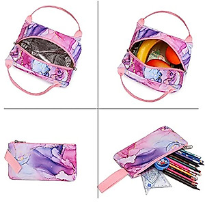 Biesena.h Backpack For Girls School Backpack Set With Lunch Box Kids Book Bag Toddler Backpack Waterproof Travel Bag (Red-Marble)