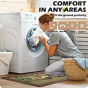 Rooster Kitchen Rugs 2/5 Inch Thick Cushioned Anti Fatigue Kitchen Floor Mat,Set 2 Farmhouse Buffalo Plaid Non Slip Floor Runner Rug Comfort Mat Carpet for Laundry Office,17.3" x 28" + 17.3" x 47"