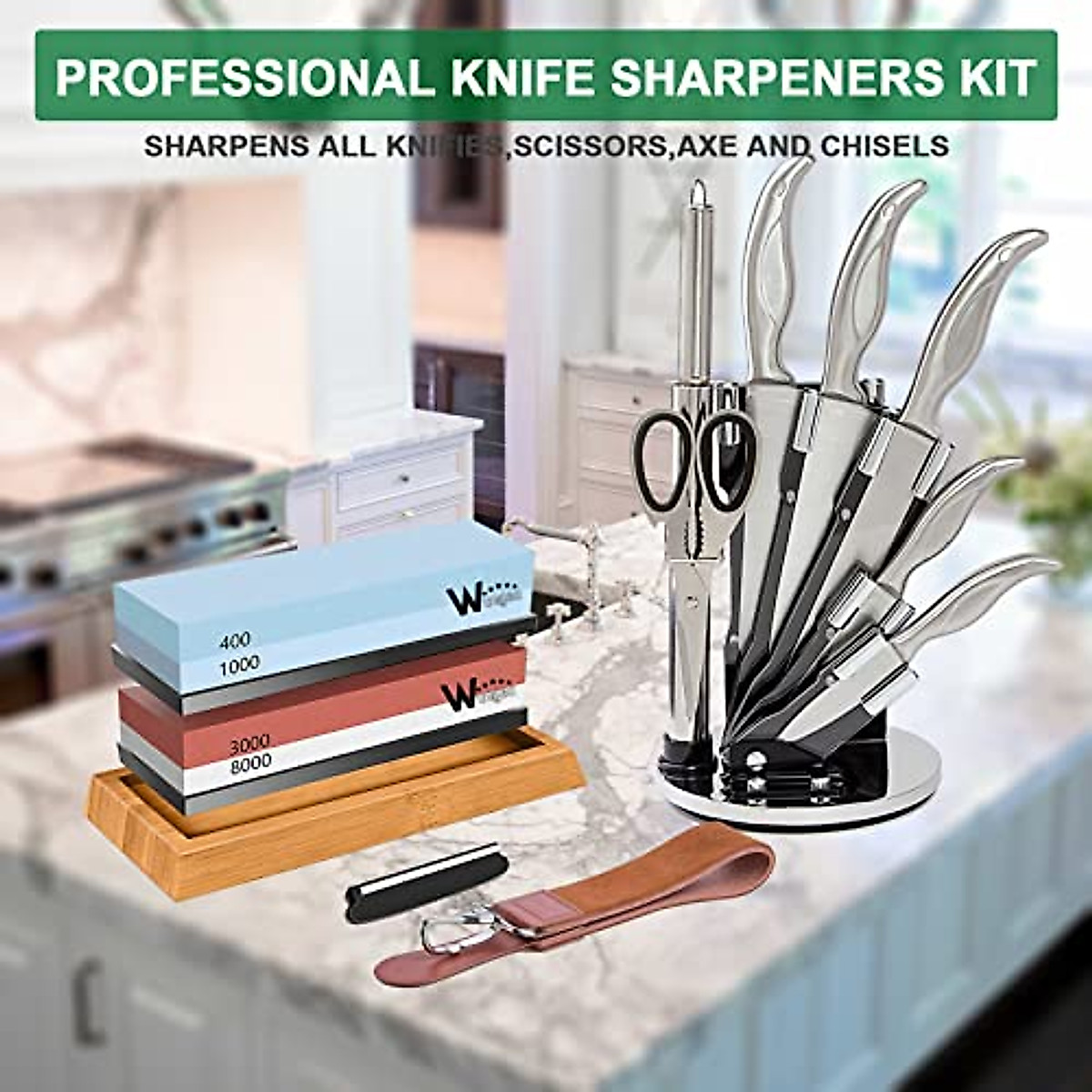 Wucgea Knife Sharpening Stone Kit - 400/1000 3000/8000 Grit Japanese Whetstone Sharpener set with Non-slip Rubber Base Angle Guide Flattening stone and Leather Strop…