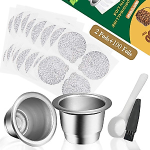 CAPMESSO Reusable Capsules for Nespresso OriginalLine, Refillable Coffee Pods Stainless Steel Cups Compatible with Nespresso OriginalLine Brewer(2 Pods+100 Lids)