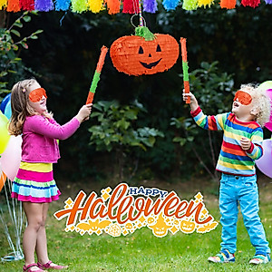 Small Halloween Pumpkin Pinata with Bat and Blindfold for Halloween Party Decorations, Party Supplies, Photo Prop, October Birthday, Funny and Spooky, Fits Candy Favors, 14 x 9 x 2.6 Inches
