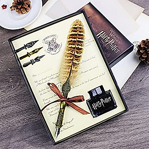 DSWINCE Feather Calligraphy Pen Set for Beginners,Metal Nib Writing Quill Ink Pen Vintage Fountain Dip Pen Gift Set (Owl feather pen)
