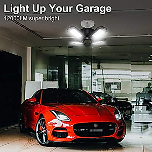 Garage Lights Ceiling LED, Deformable Garage LED Bulb Light 120W 12000 Lumen E26 with 4 Adjustable LED Panels for Shop Light Warehouse, Barn, Workshop and Yard (NO Motion Activated) (Aluminum(1 Pack))