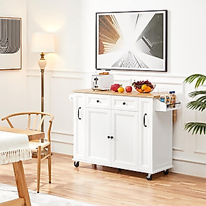 Topeakmart Kitchen Cart with Drop-Leaf Rubberwood Top, Rolling Kitchen Island with 2 Side Pull-Outs & 2 Drawers & Spice Rack, Kitchen Storage Cabinet on Wheels for Dinning Room, 52 Inch Width, White