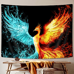 Fantasy Phoenix Tapestry, Water Ice and Fire Rising Phoenix Animal Anime Wall Hanging for Bedroom, Aesthetic Tapestry for Men Beach Blanket College Dorm Home Decor(60X40)