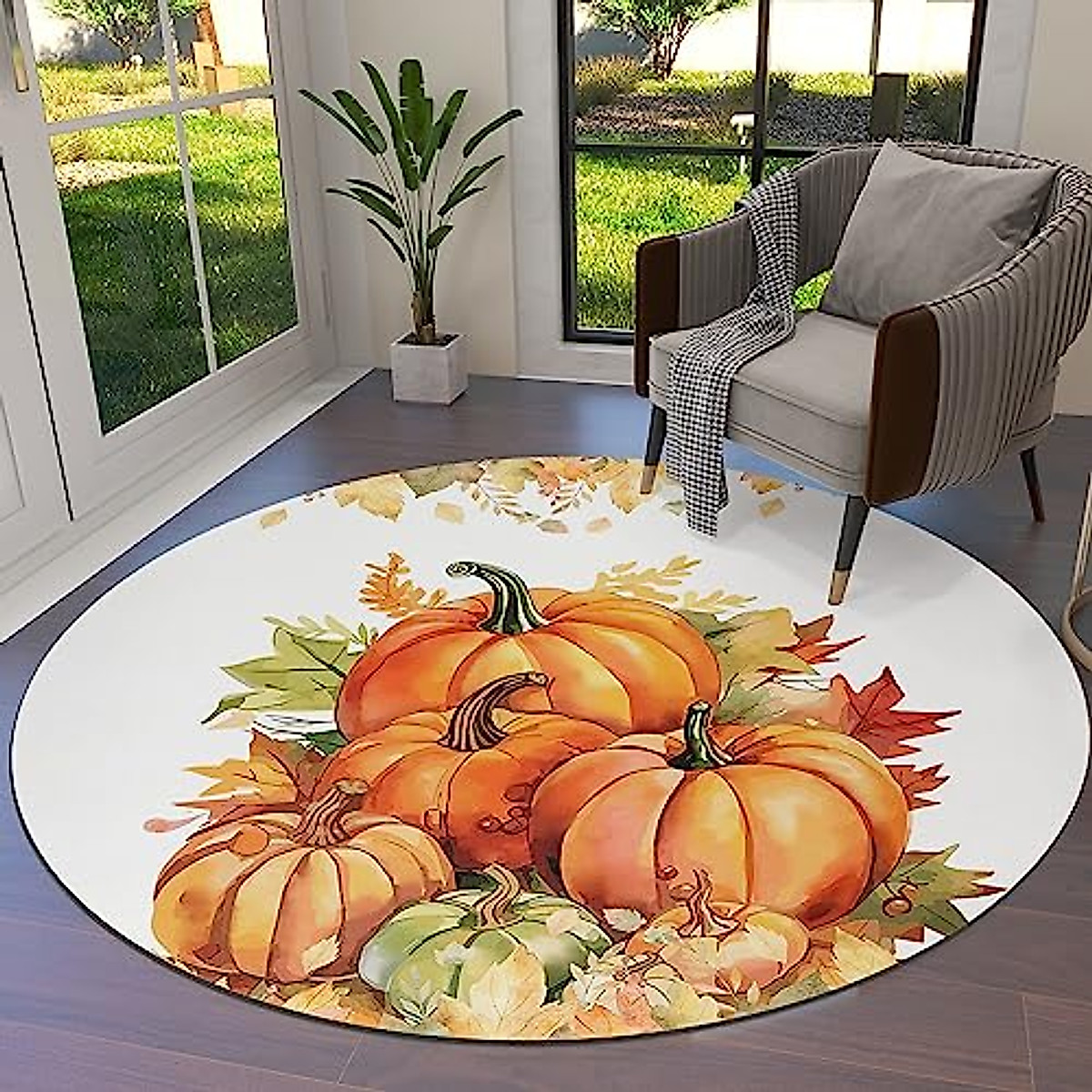 Autumn Pumpkins Round Area Rug 3ft,Washable Outdoor Indoor Carpet Runner Rug for Bedroom,Kitchen,Living Room,Office,Area+Rug Small Bath Door Desk Floor Mat Thanksgiving Eucalyptus Maple Leaves