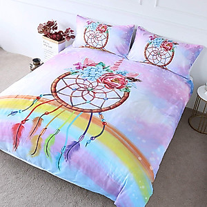BlessLiving Girls Unicorn Bedding Duvet Cover Sets Pastel Blue Purple Pink Bedding Kids Teens Rainbow Printed Dream Catcher Bed Set 3 Piece Bohemian Floral Comforter Cover Sets (Queen)