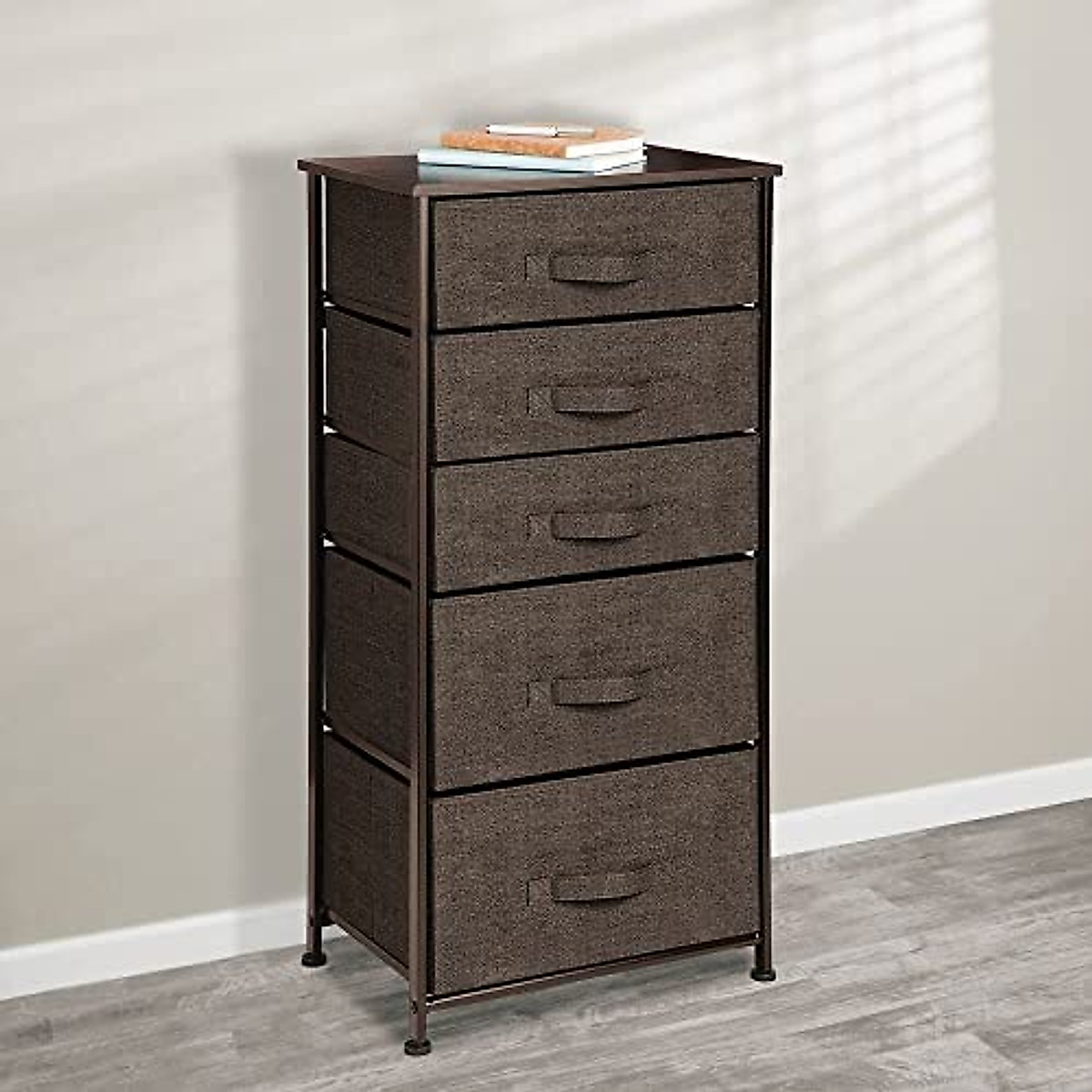 mDesign Storage Dresser Furniture Unit - Tall Standing Organizer Tower for Bedroom, Office, Living Room, and Closet - 5 Drawer Removable Fabric Bins - Espresso Brown