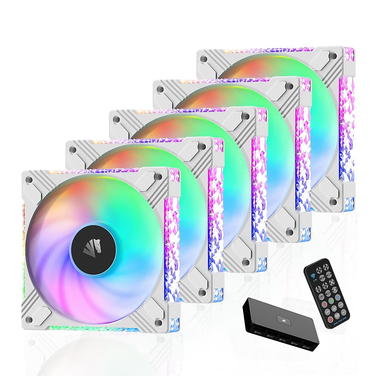Asiahorse FS-S001 120mm RGB Fan, Full Frame Acrylic ARGB White Computer Case Fans 5V Motherboard Sync Argb Fans with Analog PWM Controller, 20+8 Addressable LEDs Hydraulic Bearing PC Fans (5 Pack)