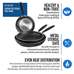 Granitestone 3 Piece Nonstick Frying Pan Set, 8”, 10” & 12” Nonstick Mineral and Diamond Triple Coated Frying Pans, Nonstick Skillet Set, Omelet Pan, PFOA Free, Dishwasher Safe, Cool Touch Handle