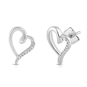 Jewelili Heart Diamond Stud Earrings in 10K White Gold, Minimalistic Dainty Earrings