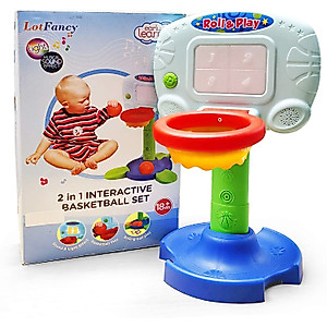 LotFancy Basketball Hoop for Kids Toddlers 9m-3y, Infant 2 in 1 Adjustable Sports Toy Set, Baby Interactive Learning Toy, with Light and Music, Indoor Basketball Game, Battery Include