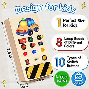 POLKRANE Busy Board with LED Light, Montessori Toys with Toggle Switch, Sensory Toys for Toddlers 1-3, Travel Toys for Educational Toddler Activities for 1 2 3 (MB-CAR)