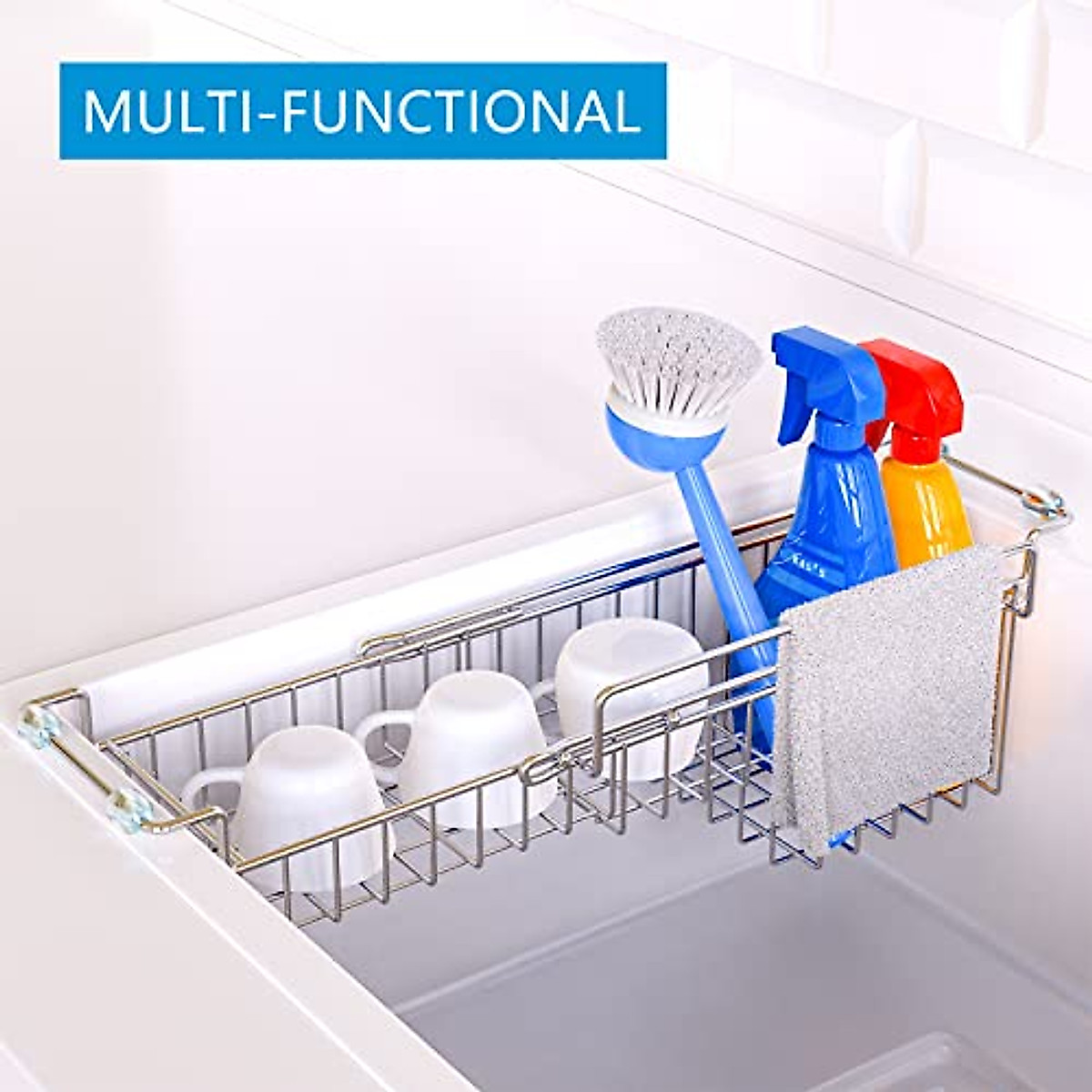 FixOwl Over The Kitchen Sink Caddy Kitchen Sink Organizer Sponge Holder 304 Stainless Steel Expandable Over Sink Rack 12.25" to 17.25"