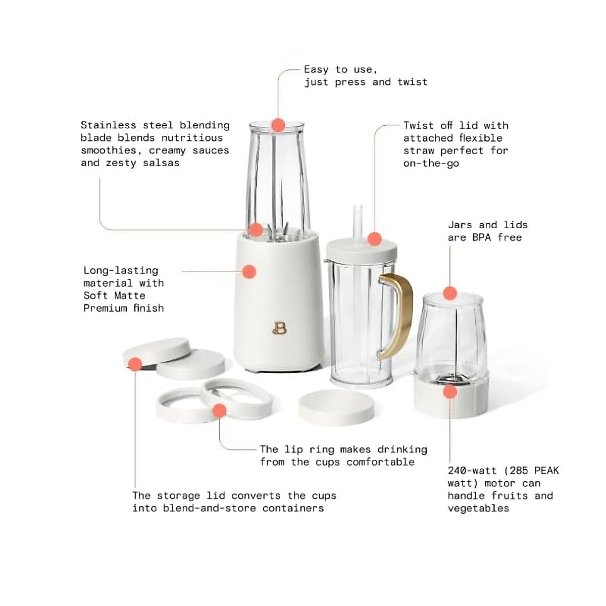 GenericBeautiful Personal Blender Set with 12 Pieces, 240 W, White Icing by Drew Barrymore