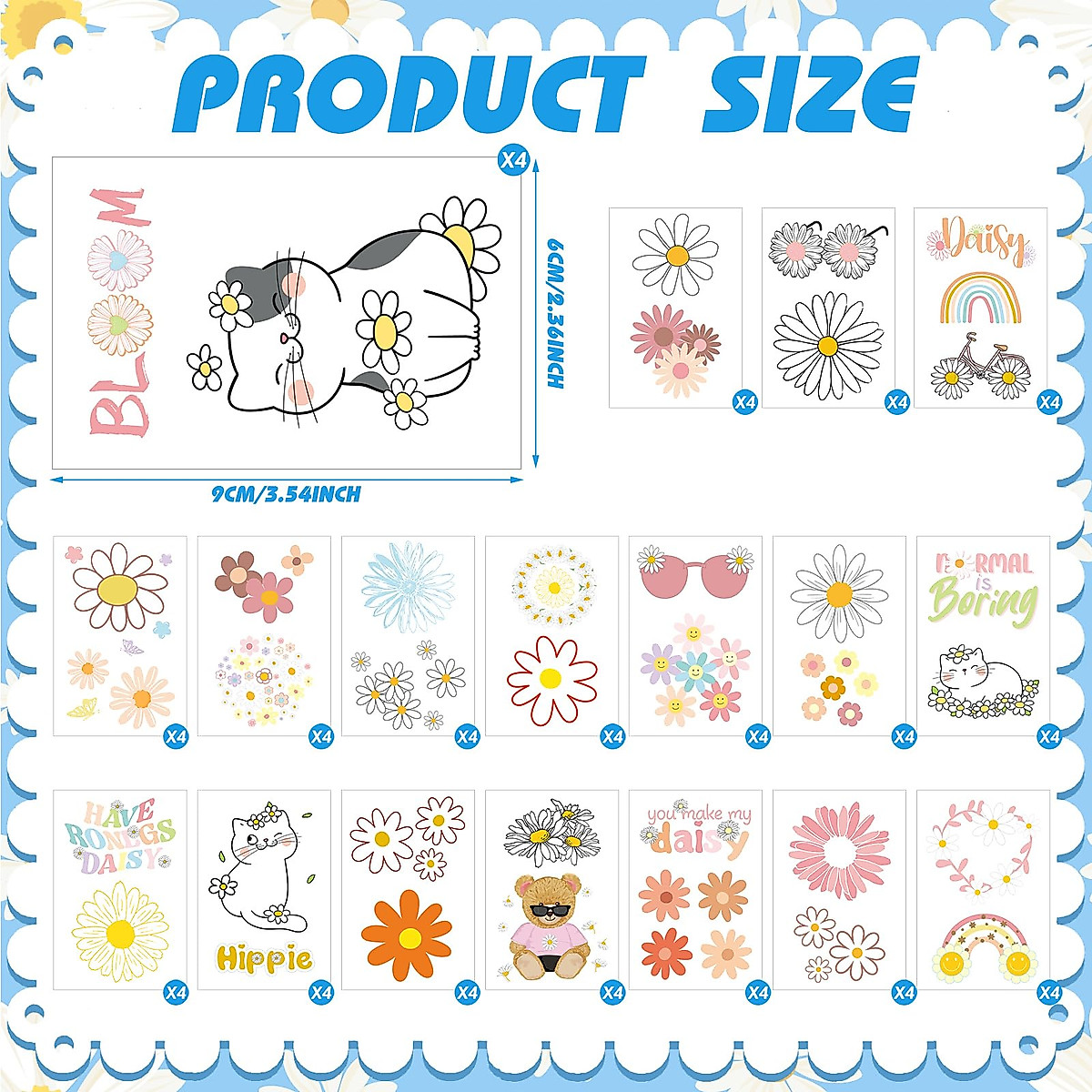 Demissle 260 Pcs Daisy Temporary Tattoo for Kids Summer Groovy Tattoo Stickers Waterproof Flower Cat Bear Rainbow Face Tattoos Boho Birthday Party Decoration Favor Cute Party Supplies Girls Boys Gifts
