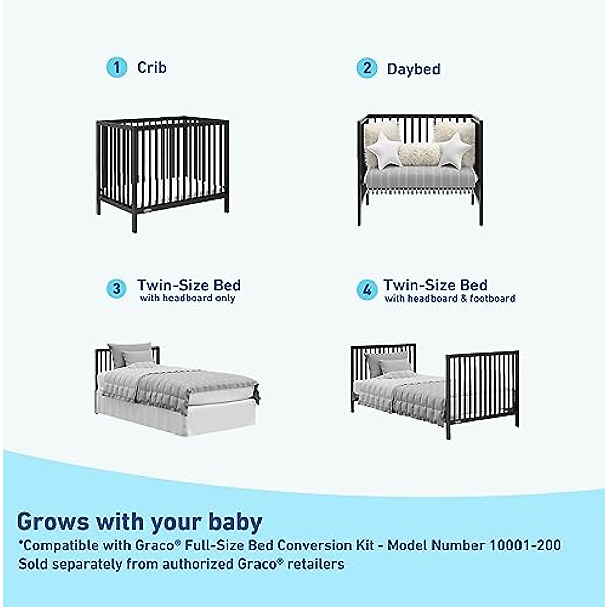 Graco Teddi 4-in-1 Convertible Mini Crib with Bonus Water-Resistant Mattress (Black) – GREENGUARD Gold Certified, 2.75-Inch Mattress Included, Convenient Size, Easy 30-Minute Assembly