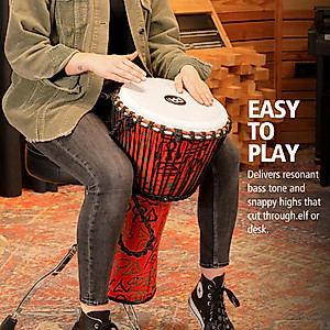 Travel Djembe Hand Drum Circle Instrument, Synthetic Shell and Goat Skin Head — NOT MADE IN CHINA — African Mali Weave Rope Tuning, 2-YEAR WARRANTY