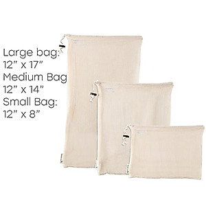 Kitchen Details 3 Pack Reusable Cotton Mesh Produce Bags | Green Living | Fruit and Vegetable Bags & Organizers | Good for Grocery Shopping | Natural Beige
