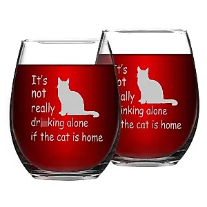 It's Not Really Drixking Alone If The Cat is Home Wine Glass Set of 2, Funny Cat Lover Stemless Wine Glass Set, Unique Christmas, Birthday, Housewarming Gift for Wine Lovers, Friends, Women, Men 15Oz