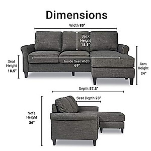 Serta Harmon Reversible Sectional Sofa, Modern L-Shaped Couch for Small Spaces, Soft Fabric Upholstery, Rolled Arm, Dark Gray