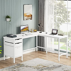 Tribesigns L Shaped Desk with File Drawer Cabinet, 59 Inch Corner Desk L Shaped Computer Desk with Drawers, PC Table Writing Desk for Home Office, White