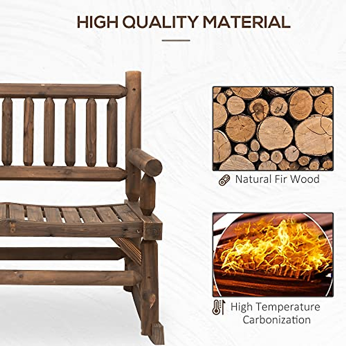 Outsunny 2-Person Wood Rocking Chair with Log Design, Heavy Duty Loveseat with Wide Curved Seats for Patio, Backyard, Garden, Walnut