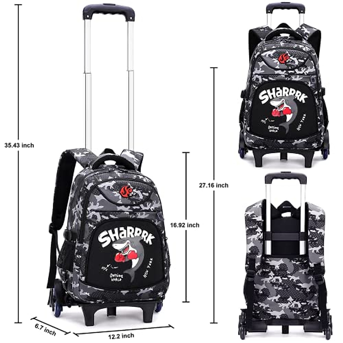 Wheeled Backpack School Kids Backpack with Wheels Boys Wheeled Backpacks 6 Wheels Camouflage Trolley Book Bags Shark Printed Wheeled Schoolbag for Boys Primary School Book Bags with Wheels Gray Bag