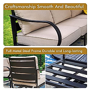 PHI VILLA 6 Piece Patio Conversation Sets, Deluxe Outdoor Patio Set for 5-7 Person with 3 Seater Padded Deep Seating Bench, 2 Padded Swivel Armrest Sofa Chairs, 2 Ottoman and & 1 Coffee Table