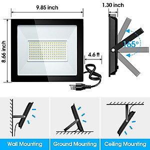 Yolovis Flood Lights Outdoor with Plug,100W 10000LM Super Bright LED Work Light,IP66 Waterproof Security Light,Outside Floodlight for Garage,2 Pack