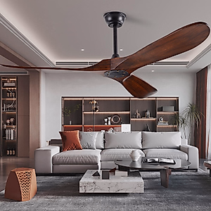 FISHMIX 60 Inch Ceiling Fans without Lights, Solid Wood Ceiling Fan No Light with Remote Control Indoor Outdoor Ceiling Fans for Patios, Living Room, Bedroom, Farmhouse and Gazebo, Deep Walnut