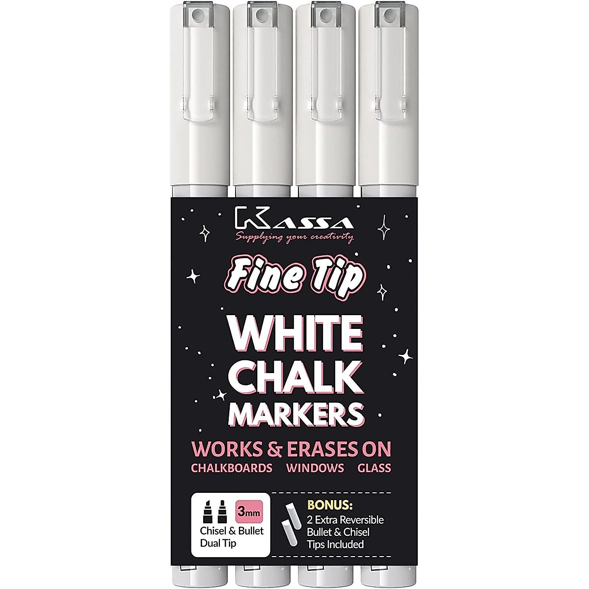 Kassa 4-Pack Erasable White Liquid Chalk Markers, for Chalkboard, Windows, Glass or Mirrors & More; Non-Toxic Washable Marker Pens with Reversible Dual Tip! Ideal for Home, School, & Office Use!