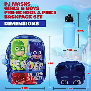 PJ Masks Girls & Boys Toddler 4 Piece Backpack Set for Kindergarten; Catboy, Gekko,& Owlette Travel School Bag w/Front Zip Pocket, Insulated Lunch Box, H2O Bottle, & Squish Ball Dangle