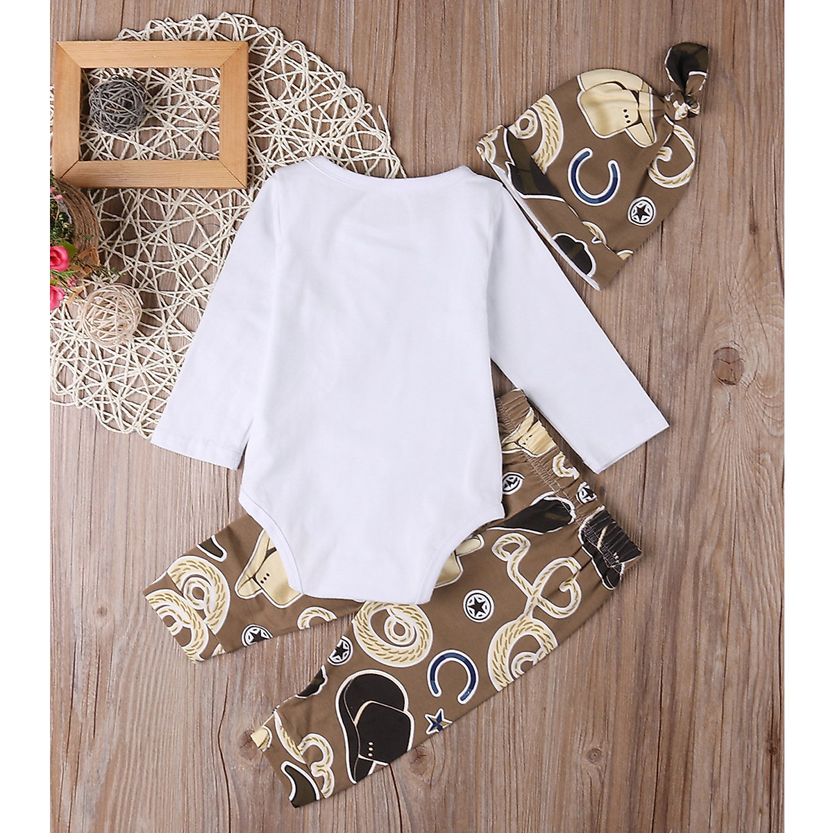 Lily.Pie Newborn Baby Boys Funny Bodysuits with Leggings Caps 3pcs Outfit Clothes (3-6M, Brown)