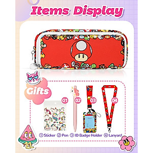 Trendy Fun for Large Pencil Case Big Capacity 3 Compartments Pencil Pouch Cute Cartoon Design Aesthetic Pen Bag with Zipper for Girls Teens Estuche para Lapices Sticker +Pen+ ID Badge Holder+Lanyard