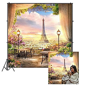 Leowefowa 5X5FT Vinyl Backdrops Photography Background Eiffel Tower Wooden Chair Desk Curtain Flowers Romantic Backdrop for Kids Lover 1.5(W) X1.5(H) M Photo Studio Props