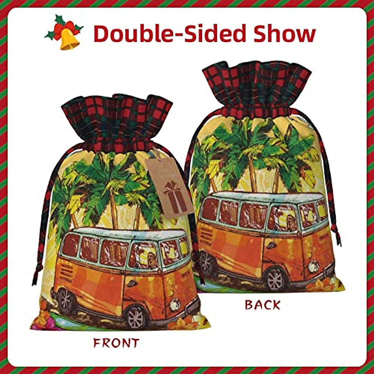 Allgobee Christmas Drawstring Gift Bags Vintage-Bus-Surfboard-Flower Buffalo Plaid Drawstring Bag Party Favors Bags