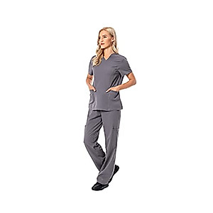 PuriPure Athletic Scrub Set for Women 4-Way Stretch V-Neck Scrub Top with 2 Pockets & cargo Scrub Pant with 5 Pockets (Large, Grey)