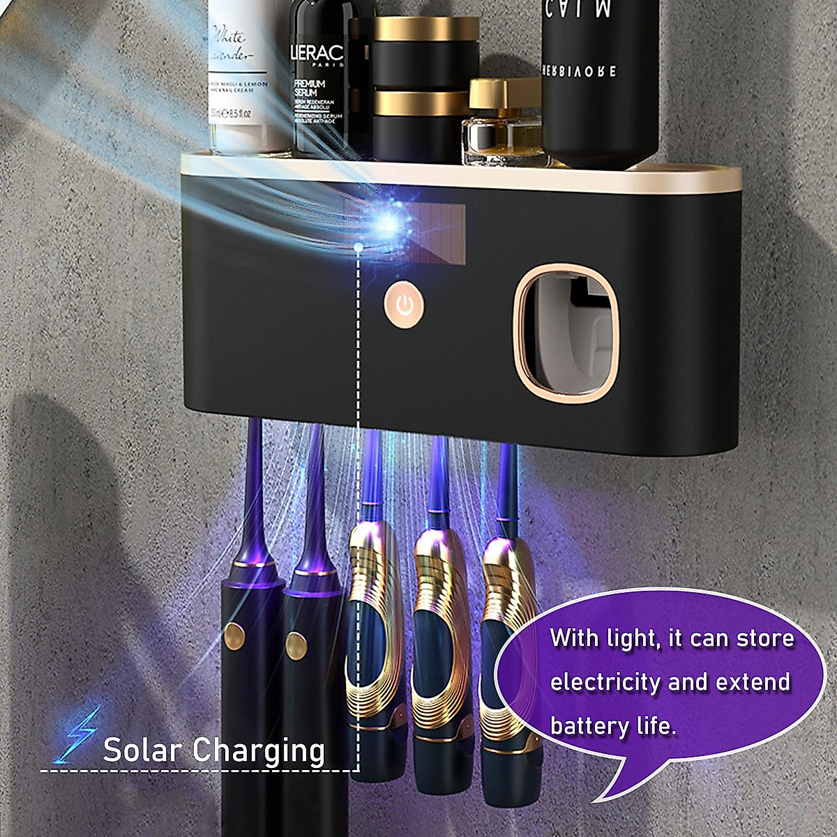Toothbrush Holders Wall Mounted for Bathrooms, Toothbrush Holder with Automatic Toothpaste Dispenser, Electric Toothbrush Holder with Solar Charging, Toothbrush Organizer with 5 Brush Slots (Black)