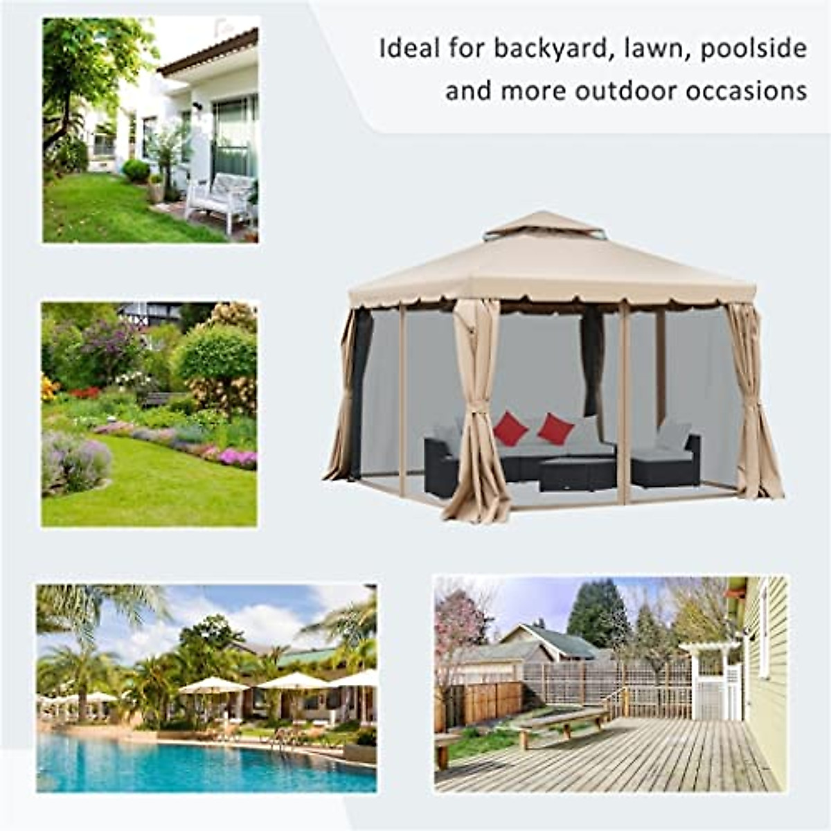 ADUH 10' X 10' Two-Tier Outdoor Event Canopy Sunshade Gazebo Tent with Mesh Sidewalls