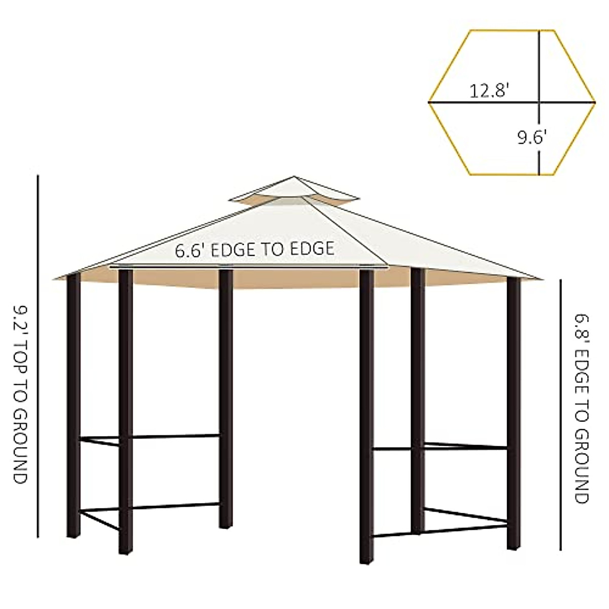 Outsunny 13' x 13' Patio Gazebo, Double Roof Hexagon Outdoor Gazebo Canopy Shelterwith Netting & Curtains, Solid Steel Frame for Garden, Lawn, Backyard and Deck, Beige