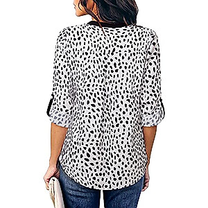 Gaharu Long Sleeve Blouses Women's Fall Tunic Tops Home Wear Henley V Neck Cuffed Sleeve Contrast Color Leopard Shirts for Jeans White Leopard,XX-Large