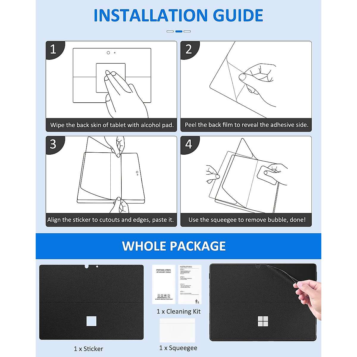 MoKo Tablet Back Skin Stick Decal for Microsoft Surface Pro 11 /Surface Pro 10 / Pro 9 / Pro 8 13-Inch Tablet, PU Leather Protective Decal Body Skin Cover for Surface Pro 11/10, Black