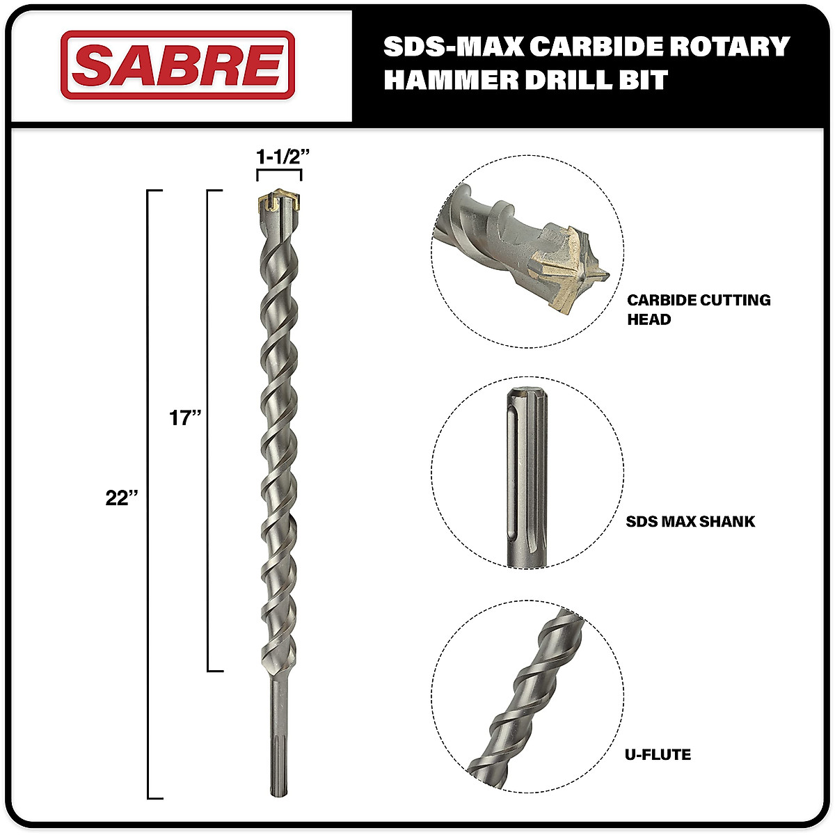 Sabre Tool 1-1/2 Inch x 22 Inch SDS MAX Rotary Hammer Drill Bit, U-Flute, Carbide Tipped for Brick, Stone, and Concrete (1-1/2" x 17" x 22" Double Flute) SDS MAX Hammer Drills ONLY
