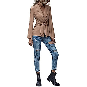 LYANER Women's V Neck Blazer Jacket Self Tie Knot Long Sleeve Elegant Workwear Blouse Khaki Small