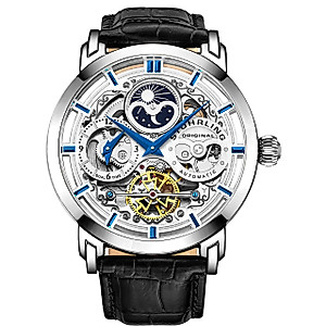 Stuhrling Original Legacy Men's Automatic Watch Stainless Steel 46 MM Case Genuine Leather Strap Watch Black (Silver)