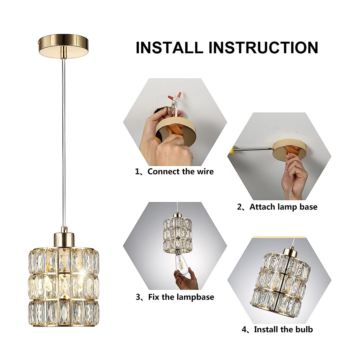 Popity home Gold Crystal Pendant Light, Pendant Lights Kitchen Island 3 Pack, Adjustable Modern Pendant Light, Hanging Light Fixtures for Dining Room Entryway Living Room Bar