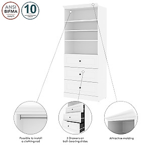 Bestar Versatile Shelving Unit with 3 Drawers, 36W, White