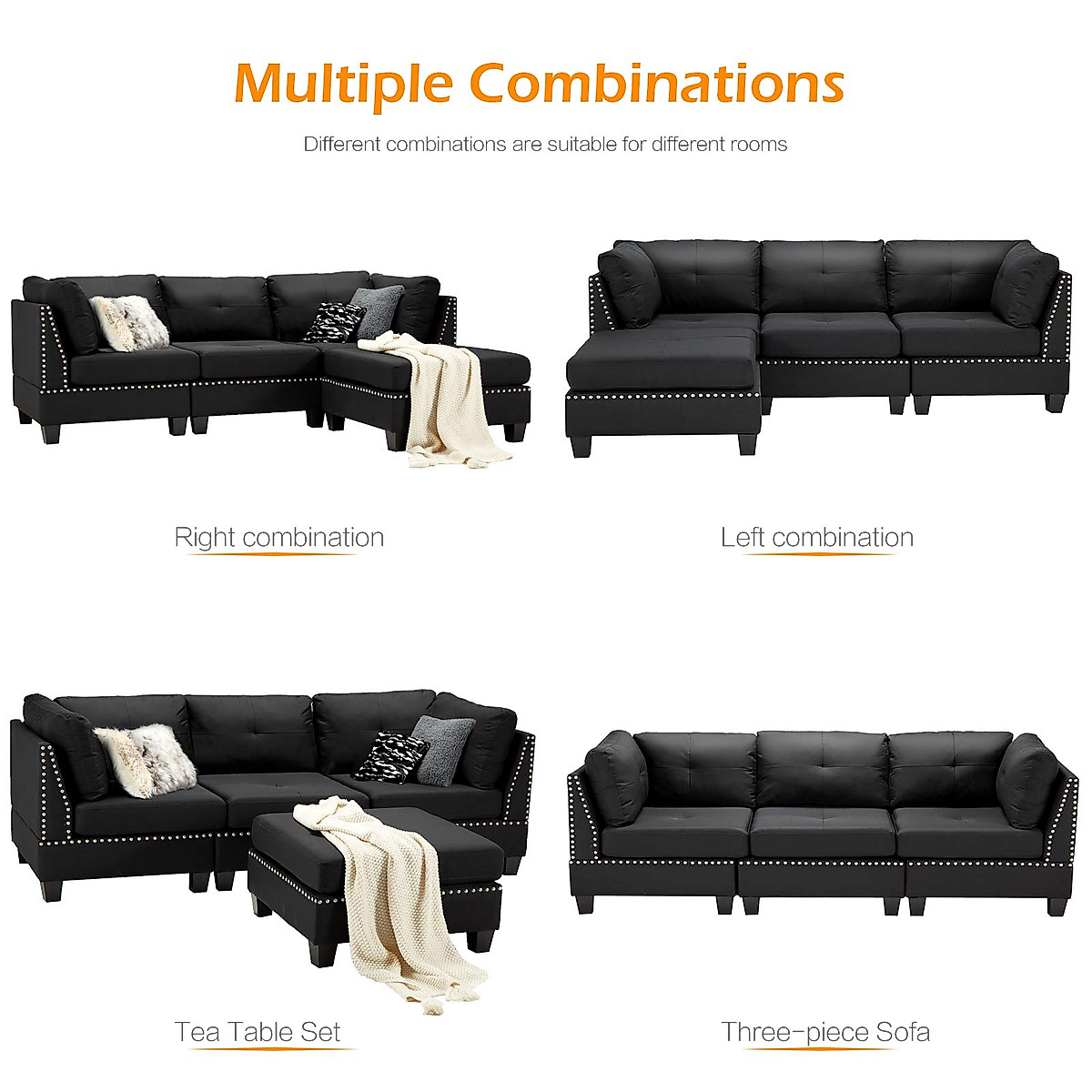 Esright 88.6” Convertible Sectional Sofa Couch with Ottoman, Modern Tufted Linen Fabric L-Shaped Couch with Reversible Chaise, Suitable for Office,Living Room and Hotel Lobby, Black